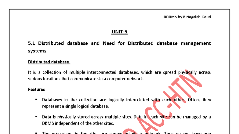 RDBMS P Nagaiah Goud: Understanding Distributed Database Systems - Studocu