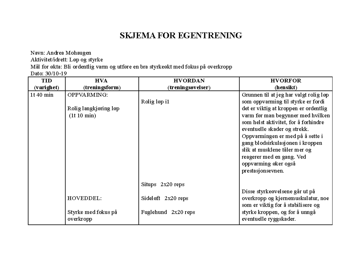 Øktplan for egentrening i aktivitetslære - SKJEMA FOR EGENTRENING Navn ...