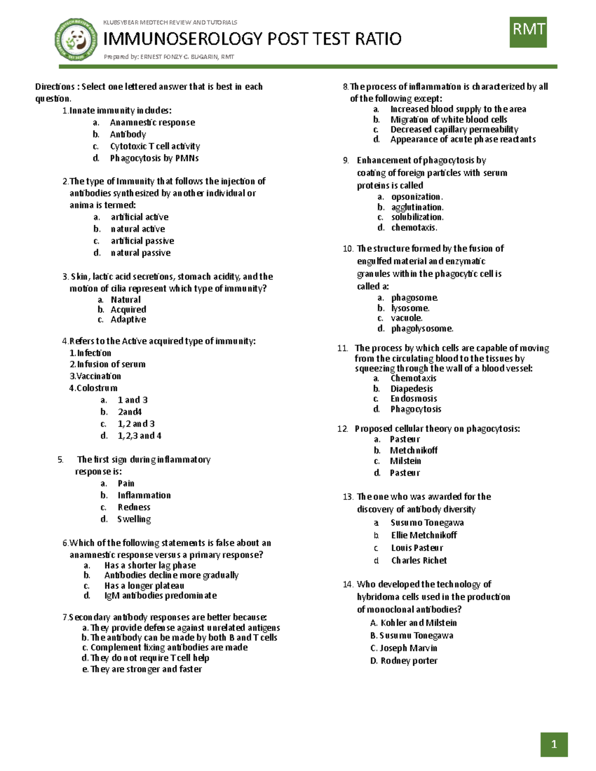 KLUBSYBEAR MEDTECH IMMUNOSEROLOGY POST TEST REVIEW RMT - Studocu