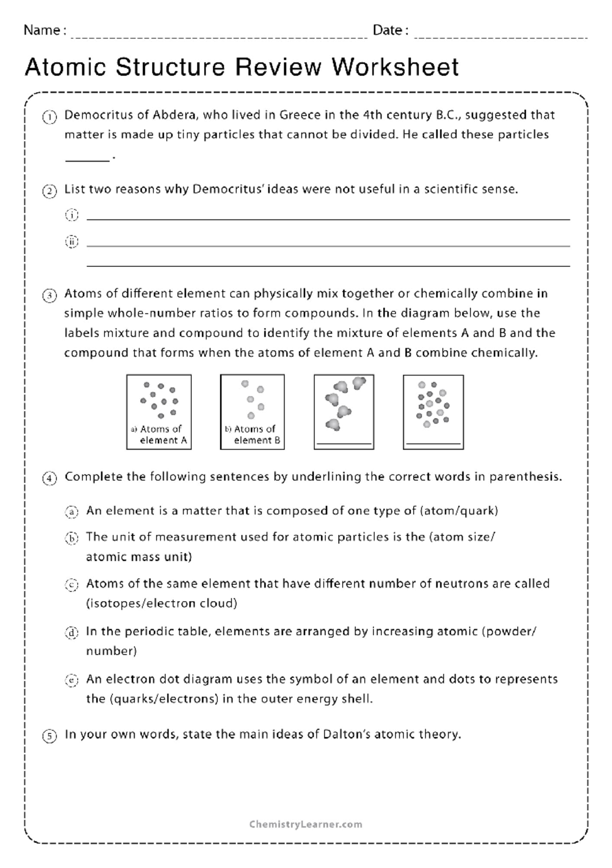 Atomic Structure Review Worksheet with Answers Key - Name : Date ...