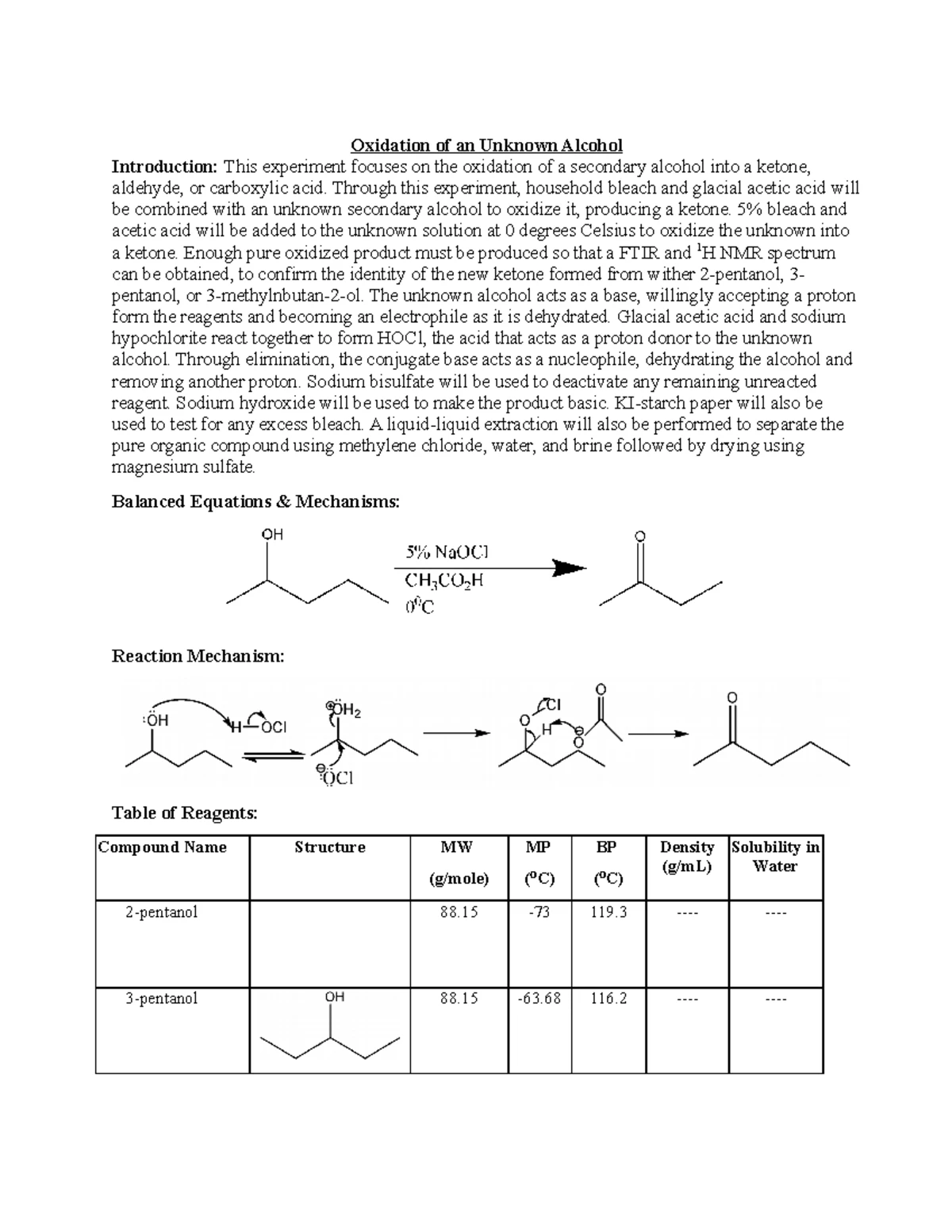 CHEM 2212 LAB 1 - Oxidation of Unknown Alcohols Experiment - Studocu