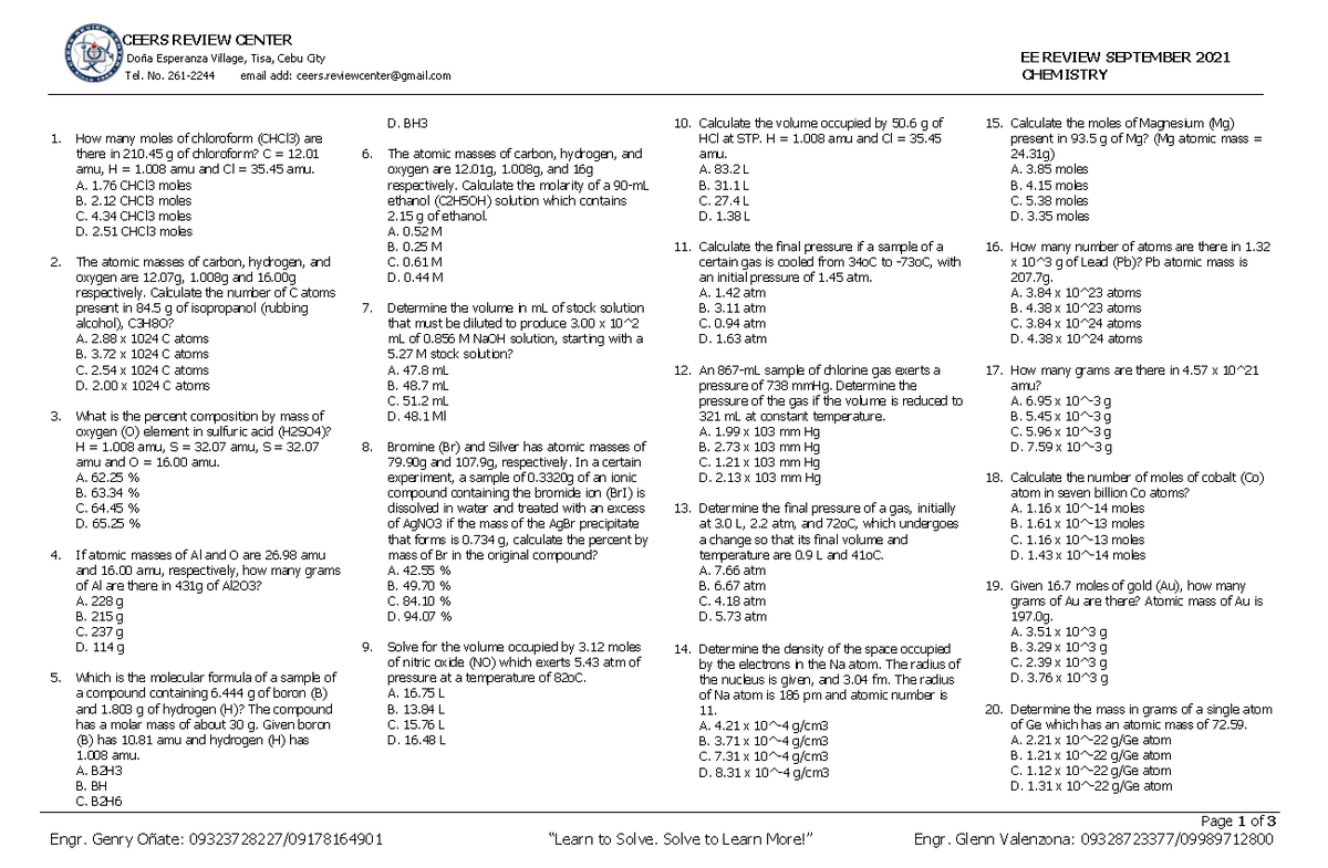 Chemistry Problems Set 2021 - CEERS Review Center - Studocu