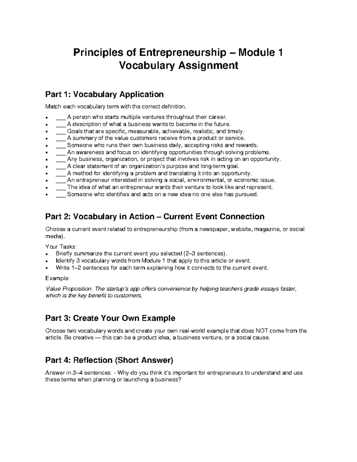 Principles of Entrepreneurship (ENT 101) Module 1 Vocabulary Assignment ...