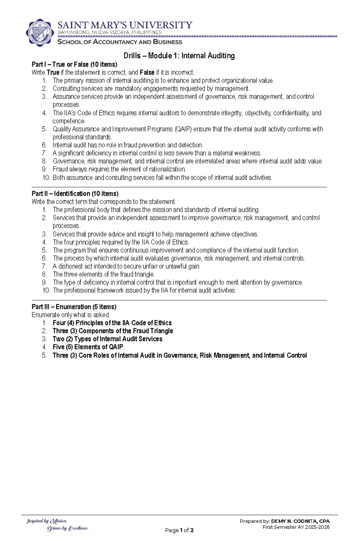 Drills Module 1: Internal Auditing True/False & Identification Quiz ...