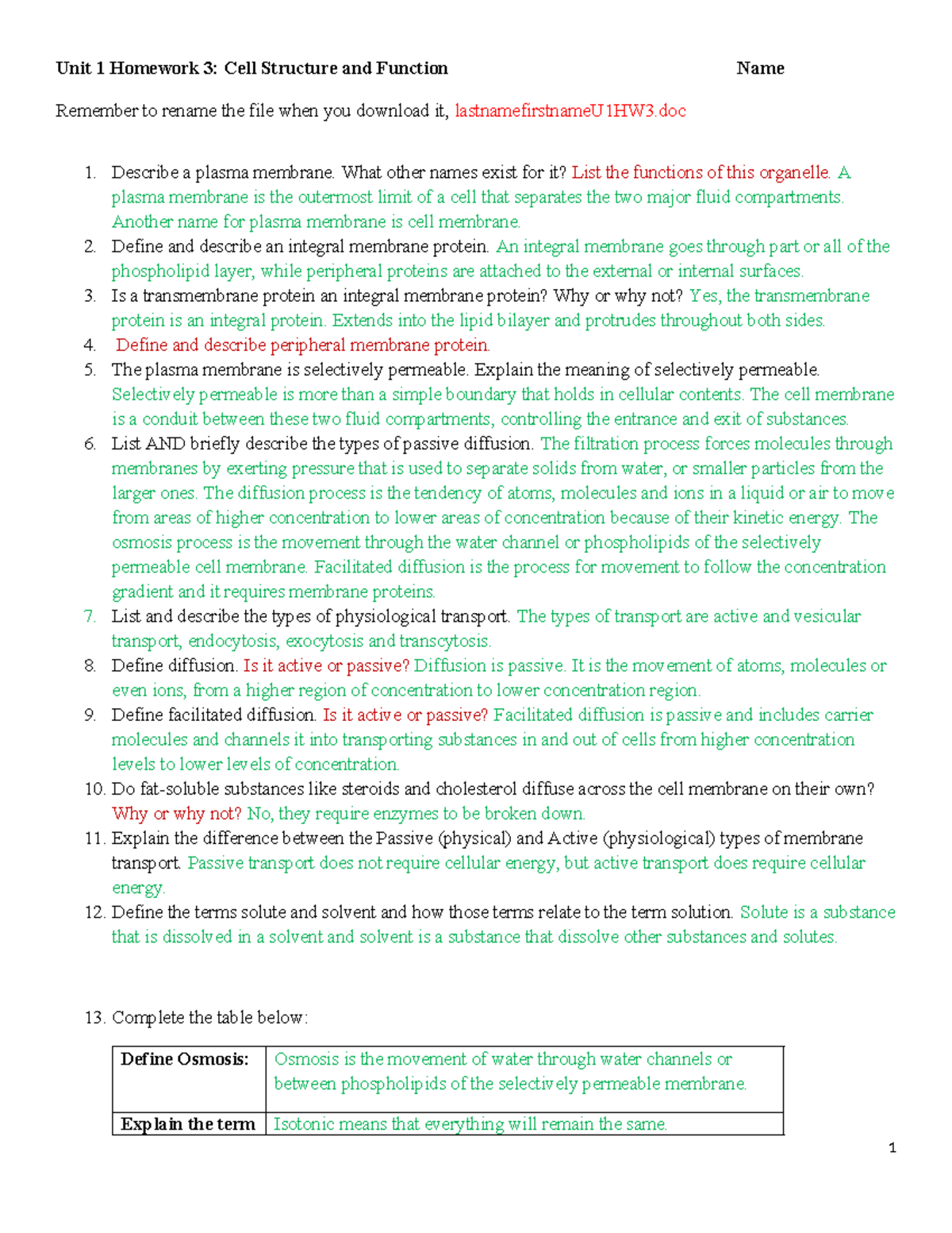 unit 1 chapter 3 - Unit 1 Homework 3: Cell Structure and Function Name ...