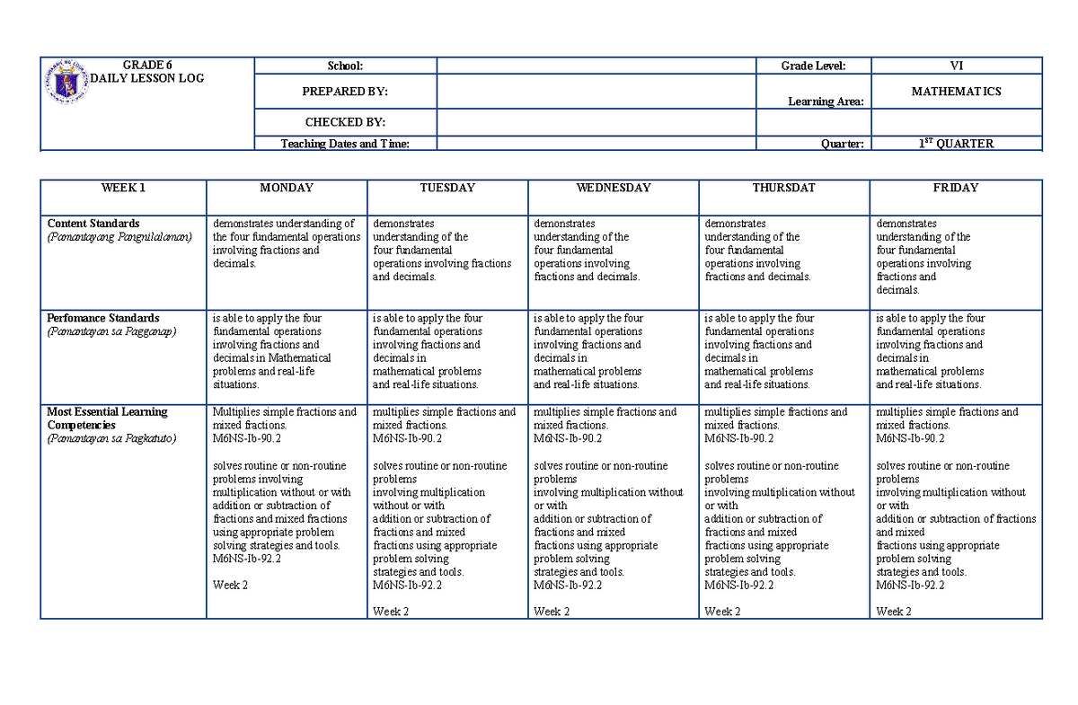 Q1 DLL WEEK 2 - MATH 6 - Fraction Multiplication Lesson Plan - Studocu