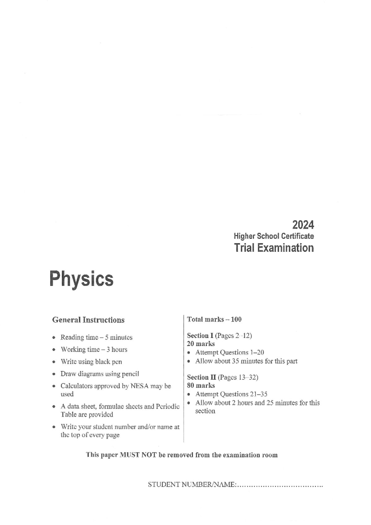 2024 HSC Physics Trial Exam Paper with General Instructions - Studocu