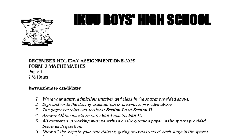 December 2025 Form 3 Mathematics Holiday Assignment Paper 1 - Studocu