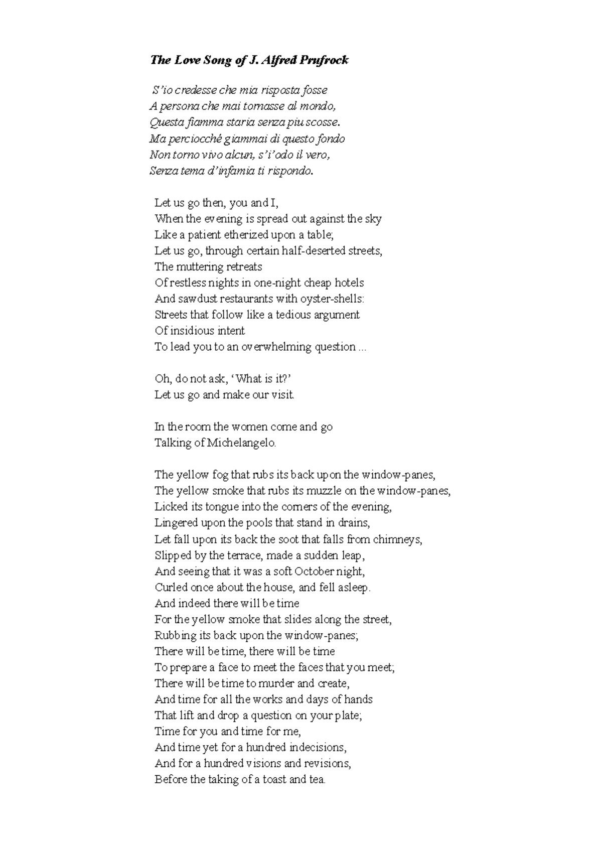 T.S. Eliot: The Love Song of J. Alfred Prufrock Analysis - Studocu