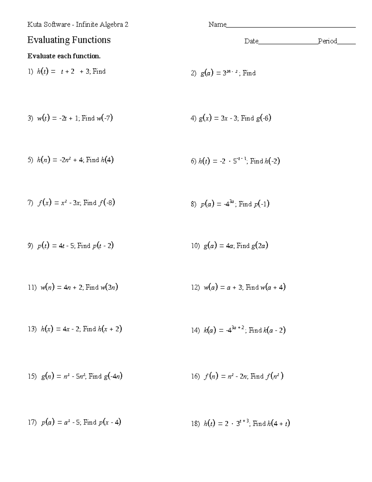 Evaluating Functions in Infinite Algebra 2 Worksheet - Studocu