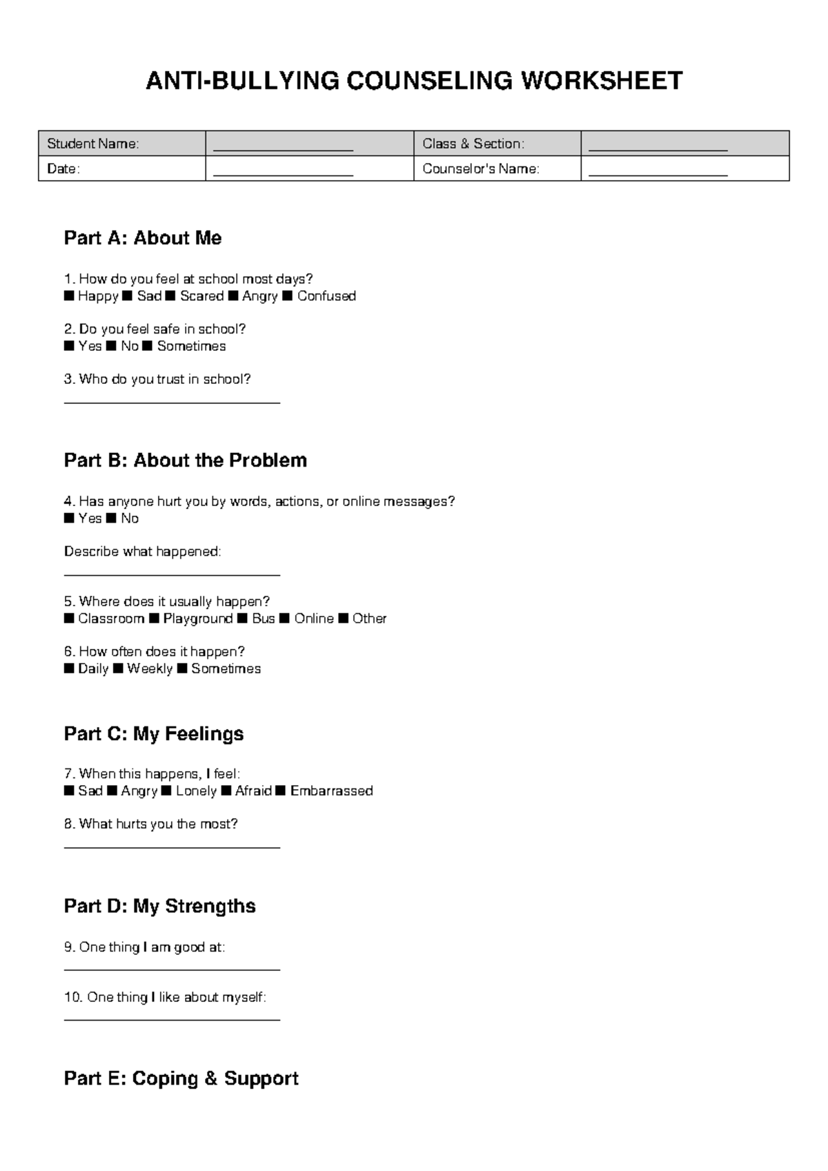 Anti-Bullying Counseling Worksheet: Student Reflection & Support - Studocu