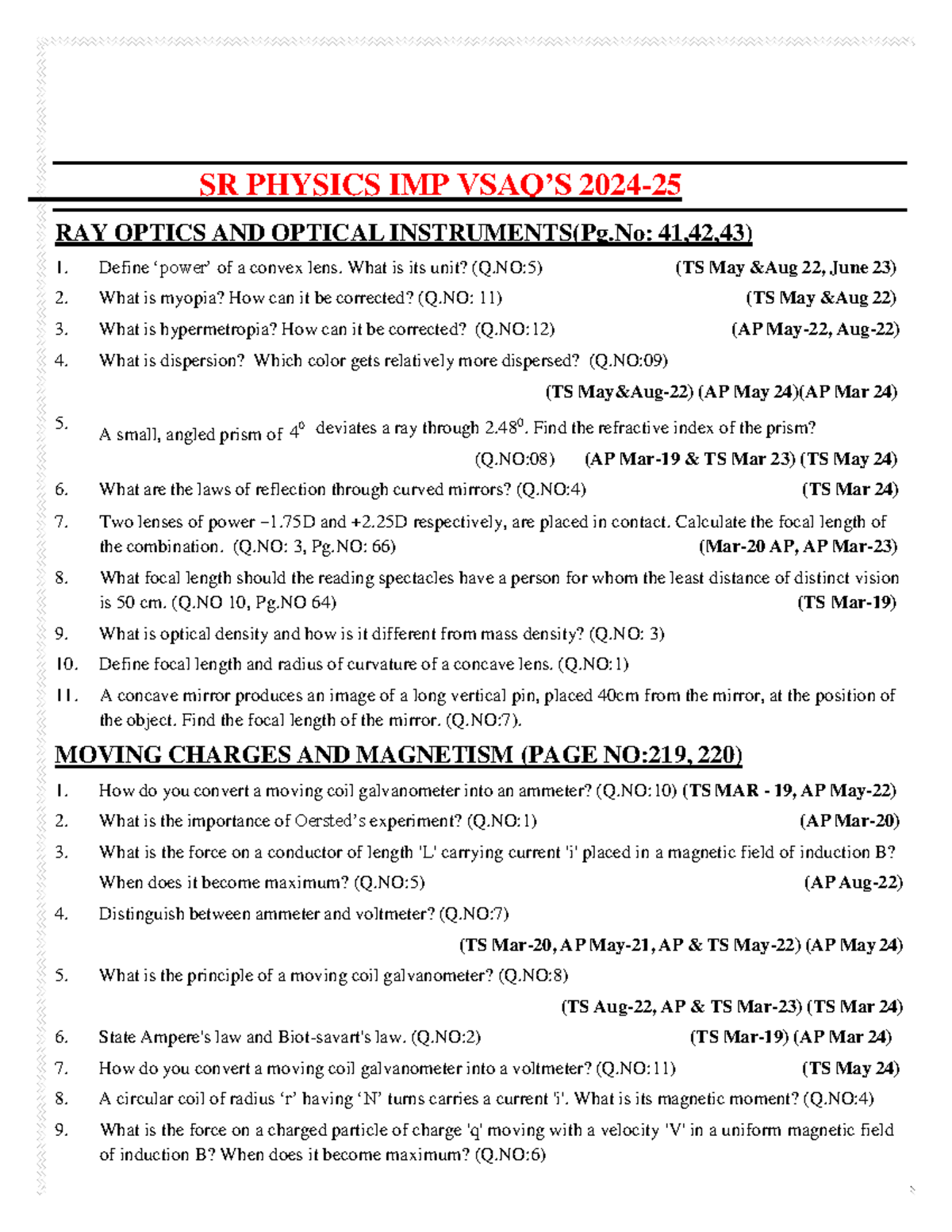 SR PHYSICS IMP VSAQ'S 2024-25: Ray Optics, Magnetism & AC Concepts ...