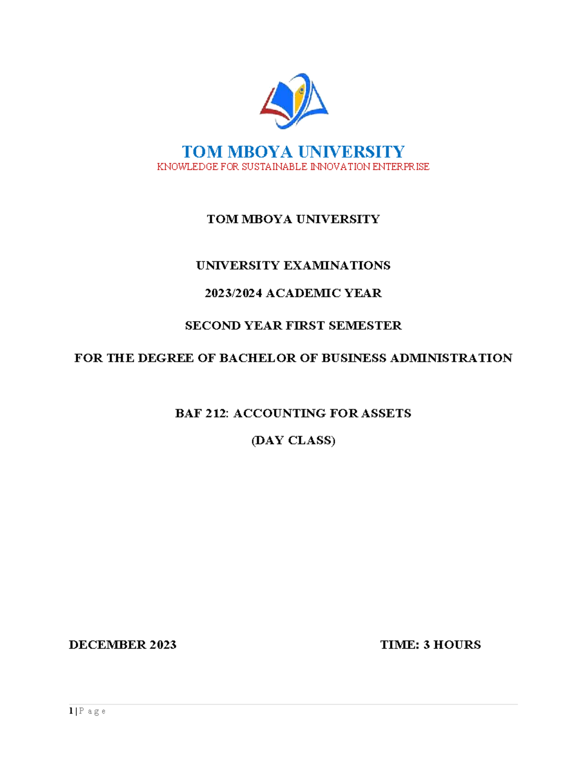 BAF 212: Accounting for Assets Final Exam - December 2023 (Day Class ...