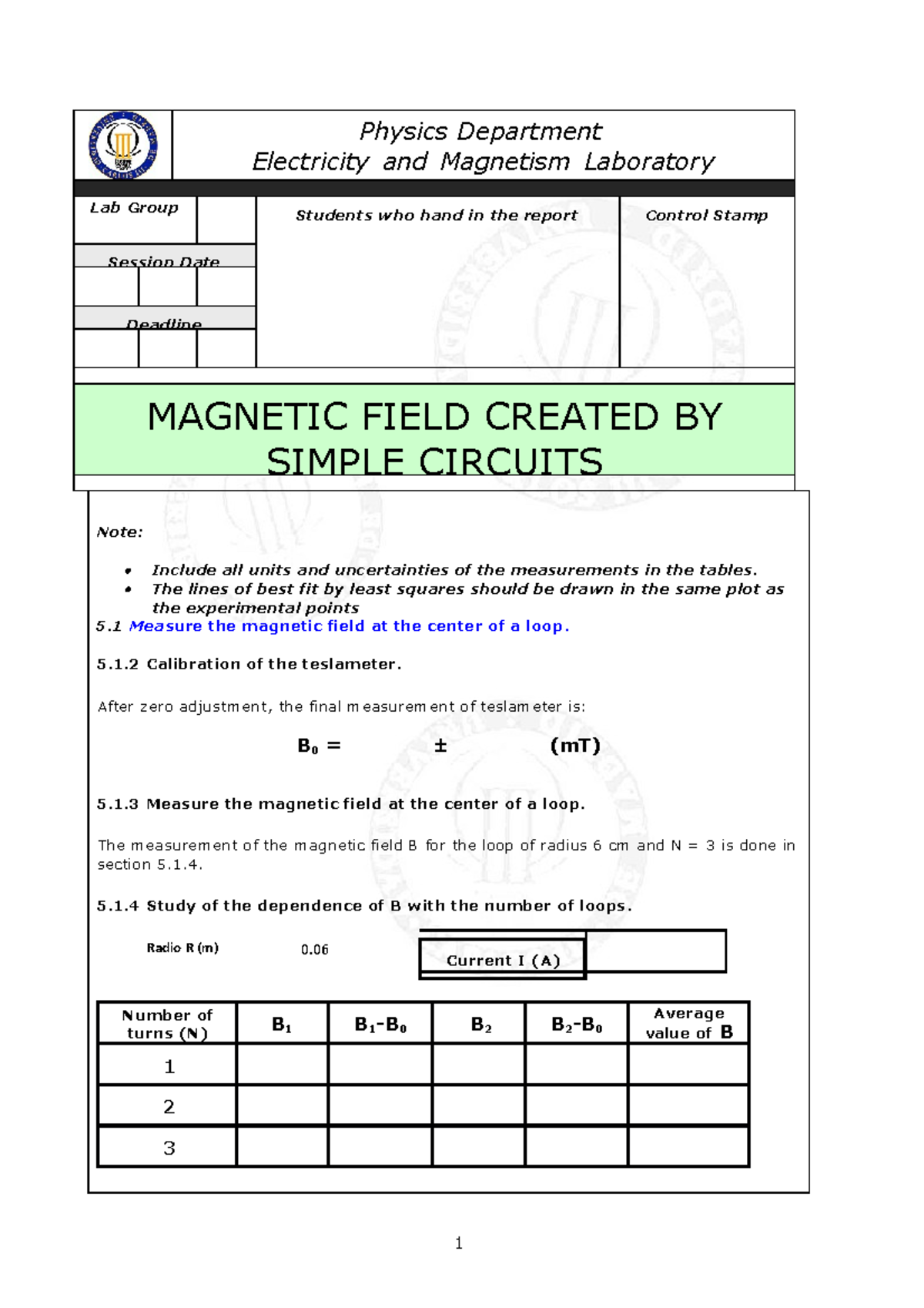 B created by simple circuits form - 1 Radio R (m) 0. Physics Department ...