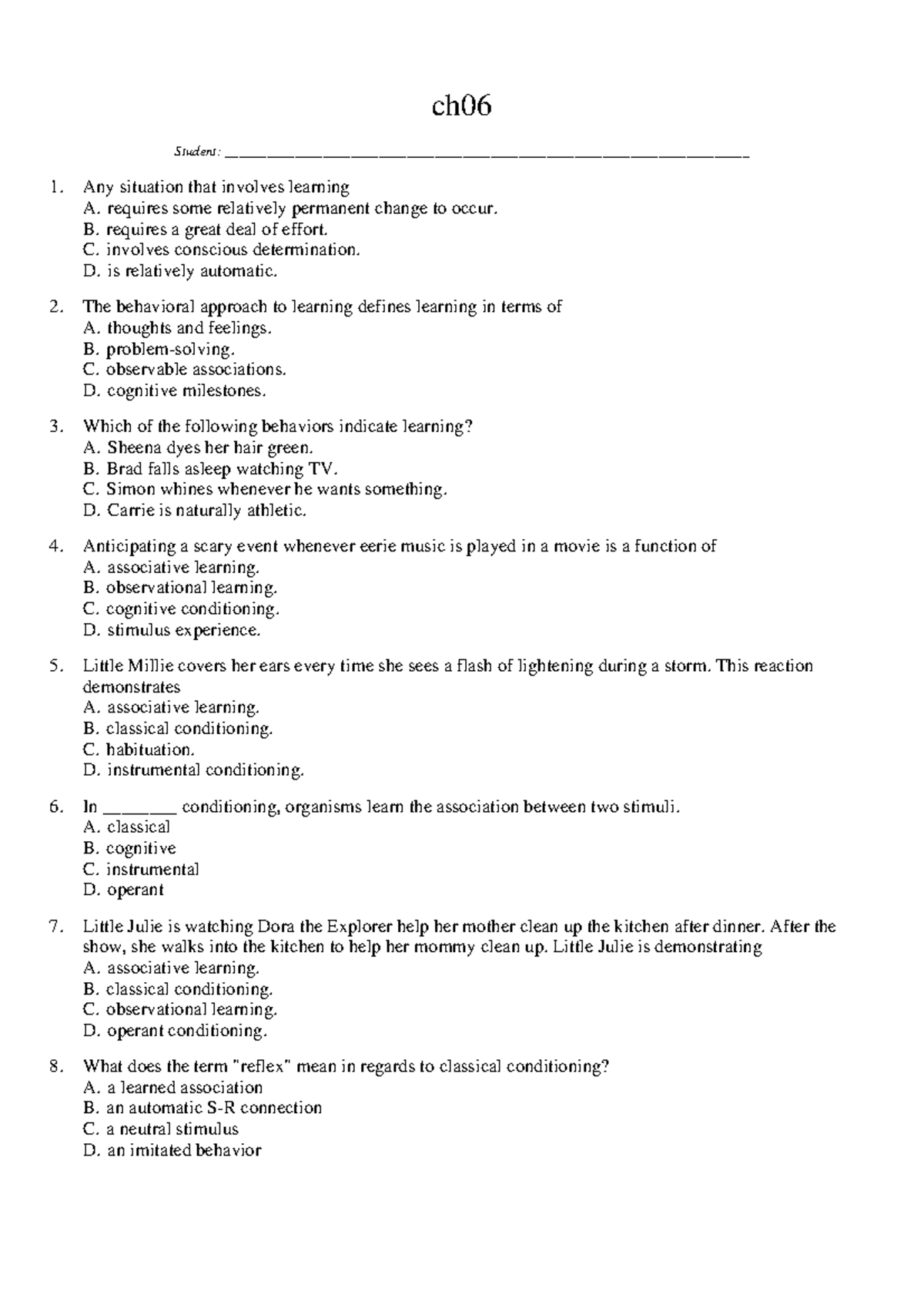 Ch06 - Test Bank on Learning Theories and Conditioning Concepts - Studocu