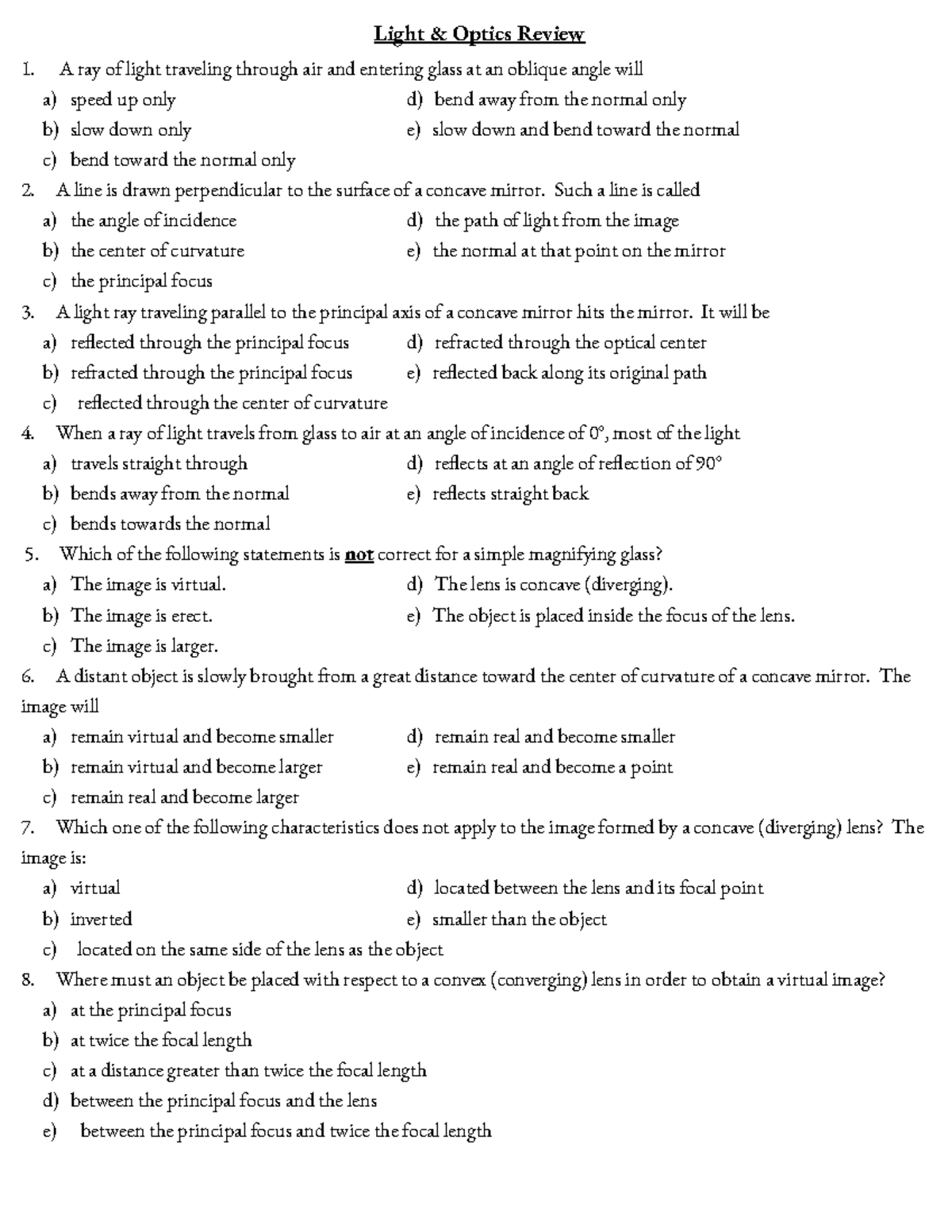 Light & Optics Review - Mixed Problems for Final Exam Preparation - Studocu