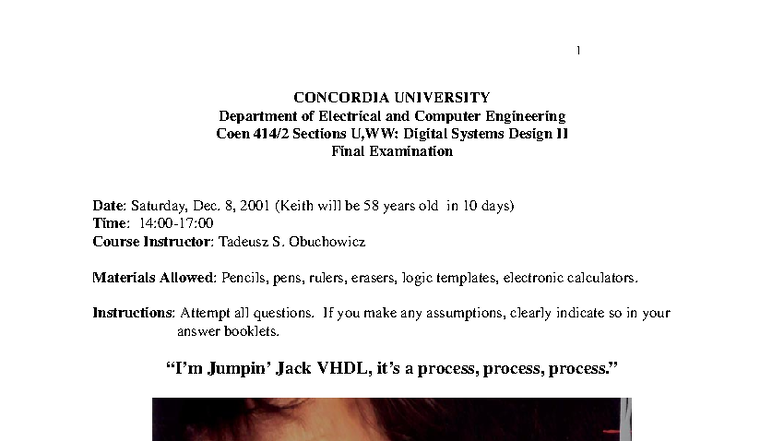 ECE 250: Digital Systems Design II Final Exam - Fall 2001 - Studocu