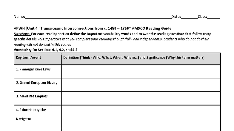 Unit 4 AMSCO Reading Guide: Key Concepts and Vocabulary (c. 1450) - Studocu