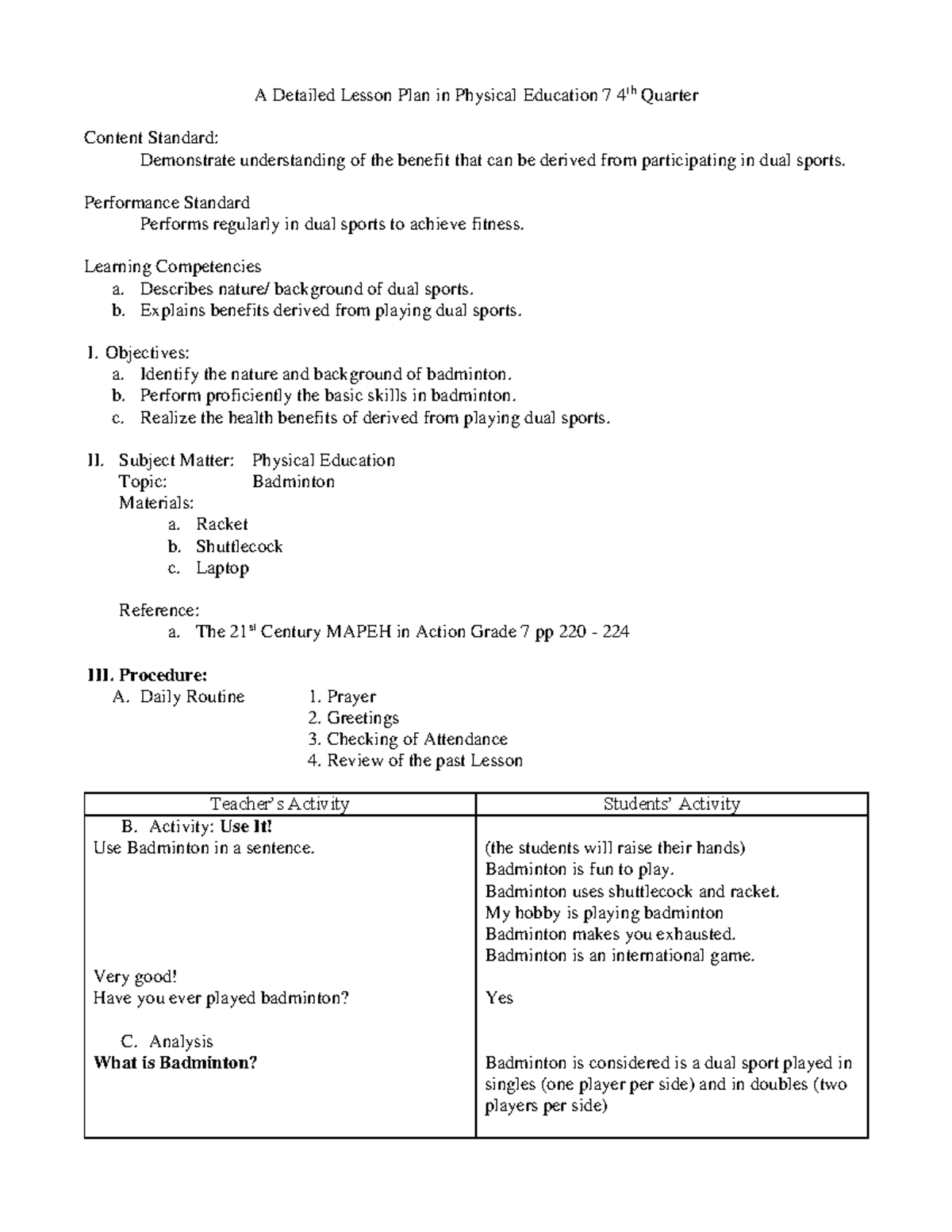 Detailed Lesson Plan: Badminton in PE 7 (4th Quarter) - Studocu