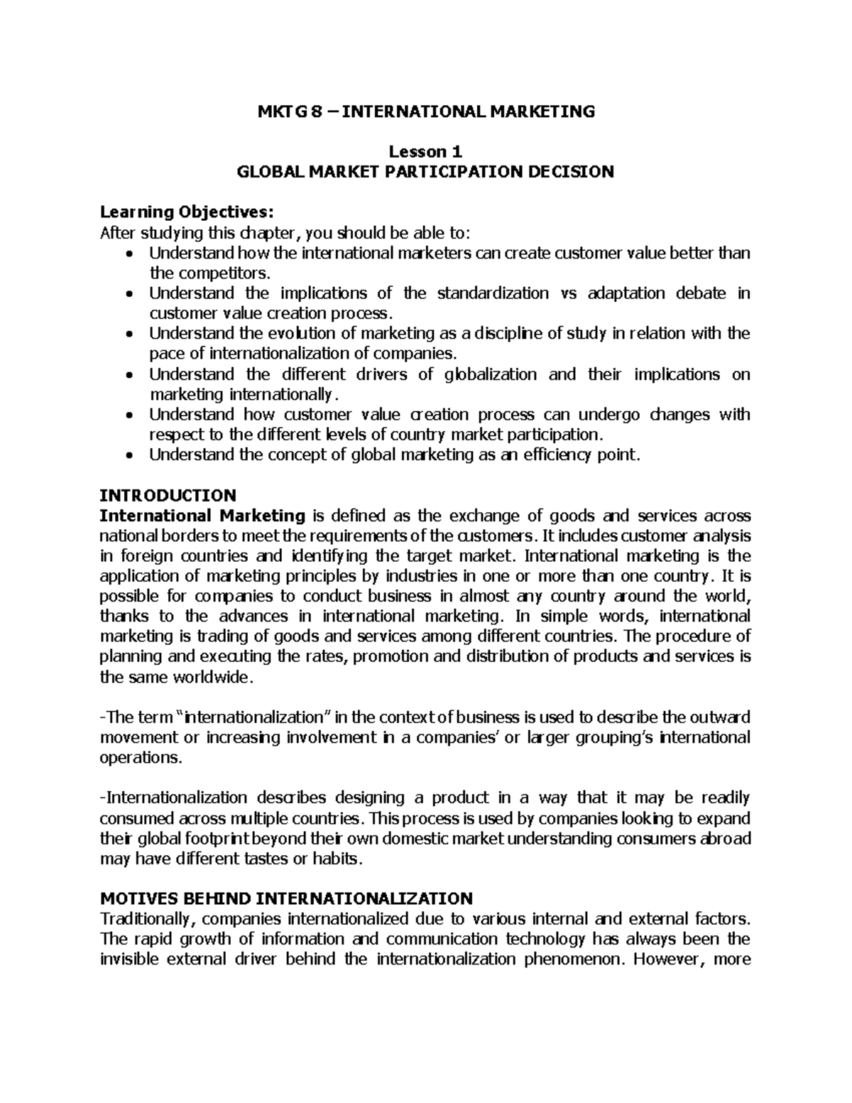 MKTG 8 - MKTG 10 - MKTG 8 – INTERNATIONAL MARKETING Lesson 1 GLOBAL MARKET PARTICIPATION ...
