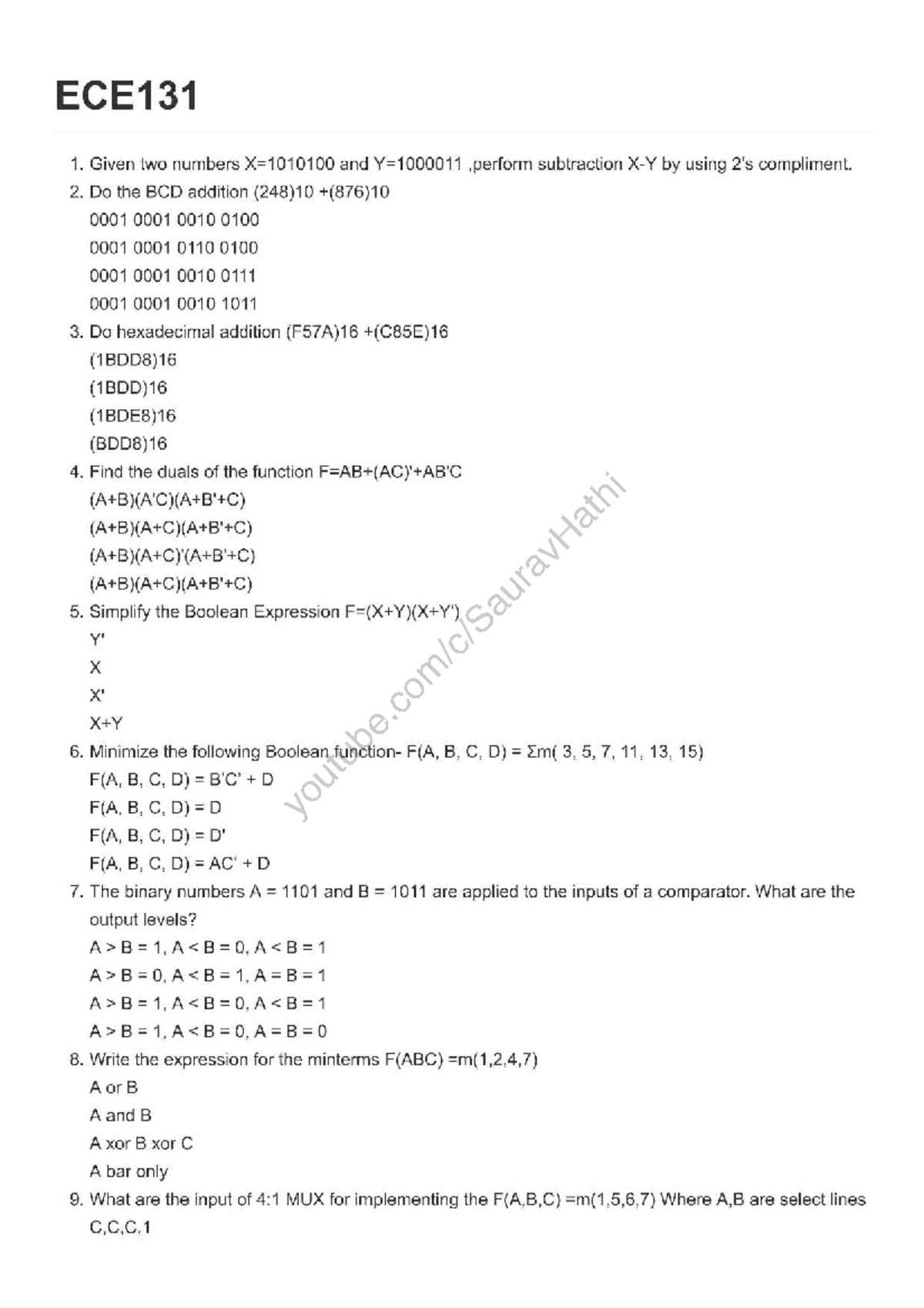 ECE131 Final Exam Answer Key - Digital Logic Operations - Studocu