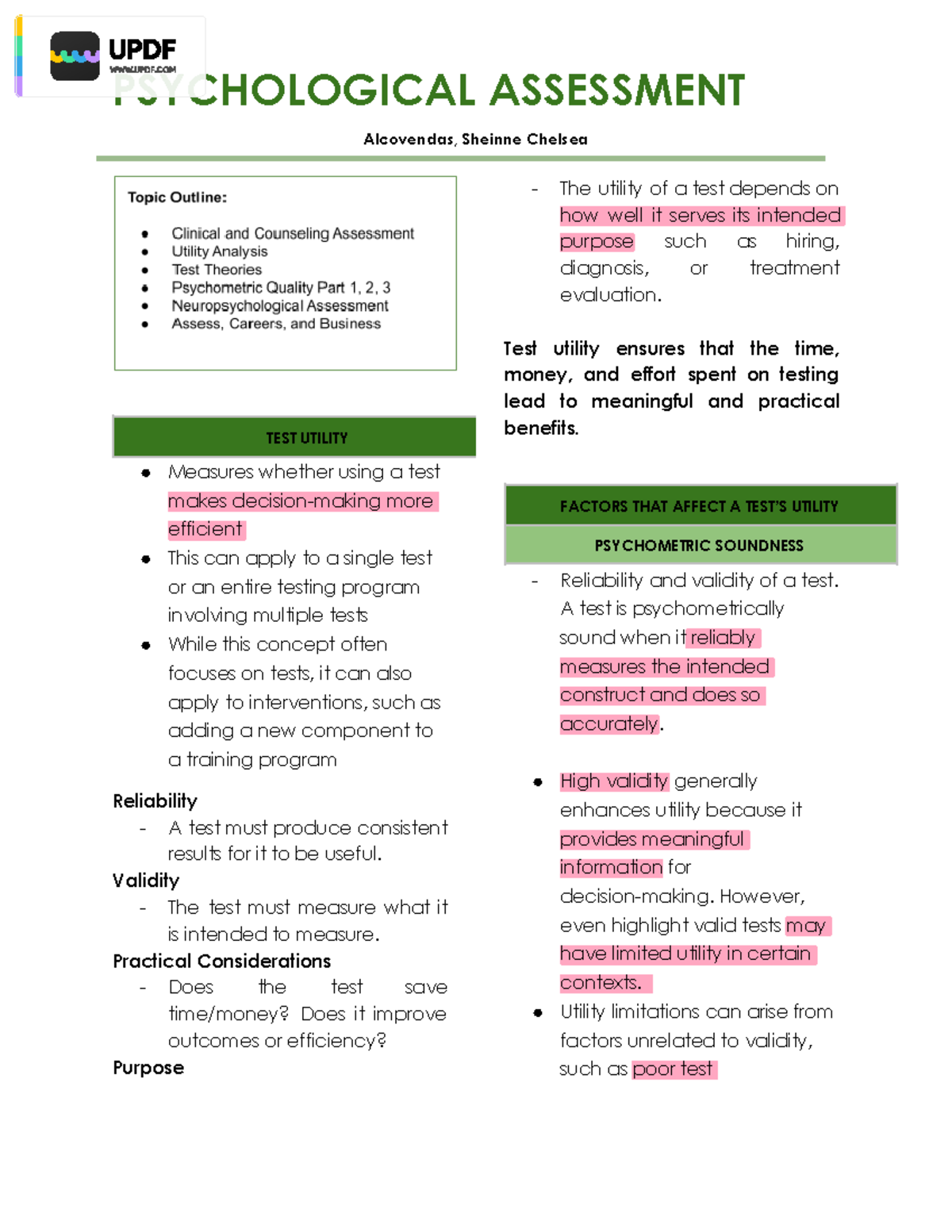 PSY 101: Psychological Assessment Test Utility and Psychometric Quality ...