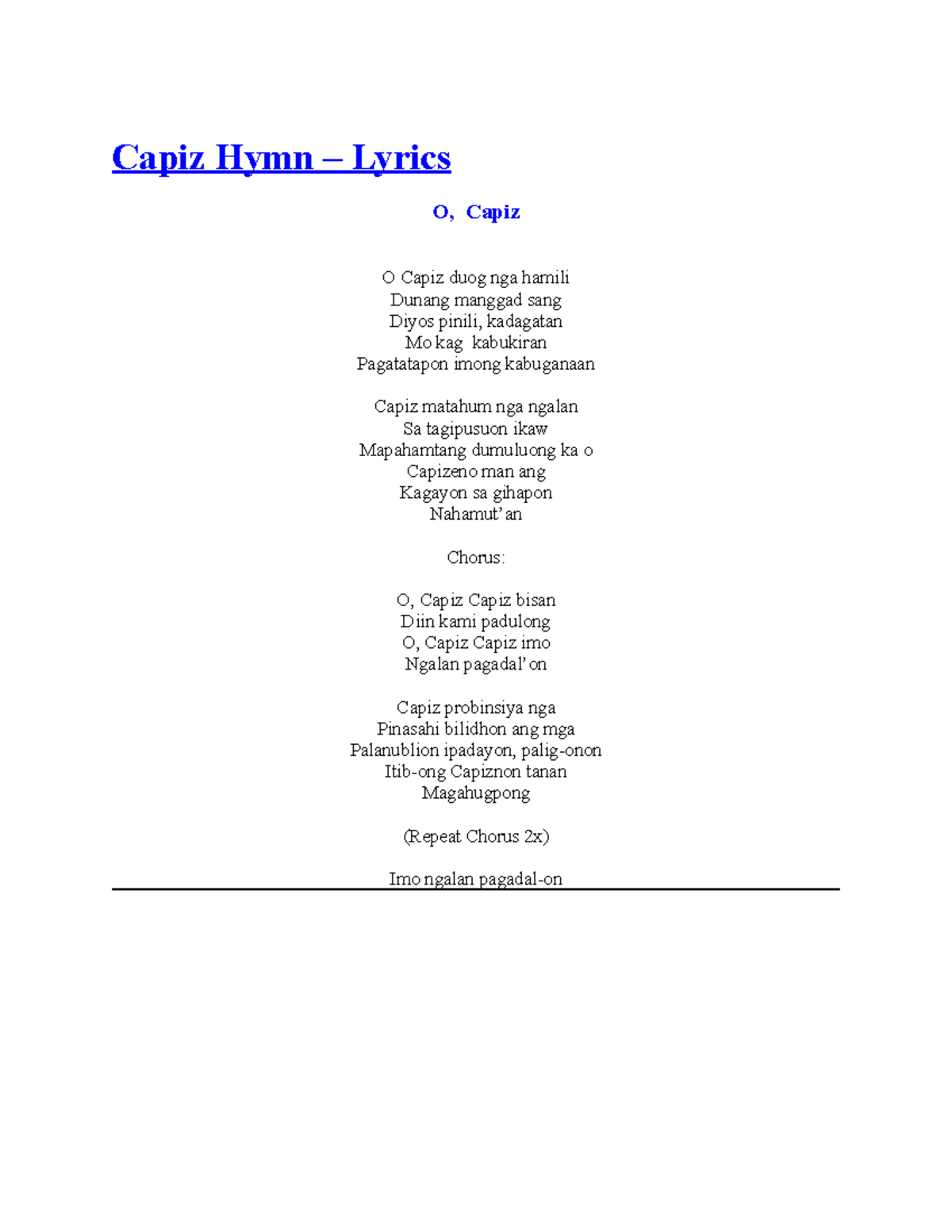 Capiz Hymn: O Capiz - Lyrics and Significance Analysis - Studocu