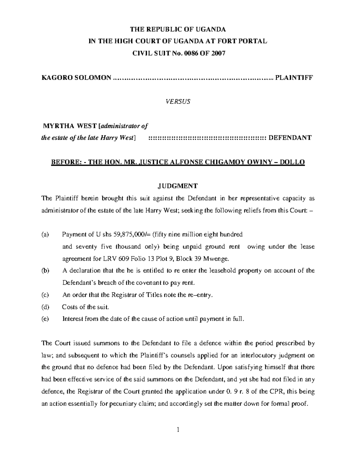 Civil Suit No. 0086 of 2007: Judgment on Ground Rent Dispute - Studocu