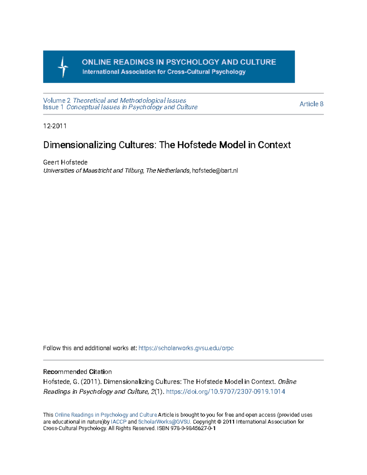 HOFSTEDE 2011 - Dimensionalizing Cultures: The Hofstede Model Insights ...
