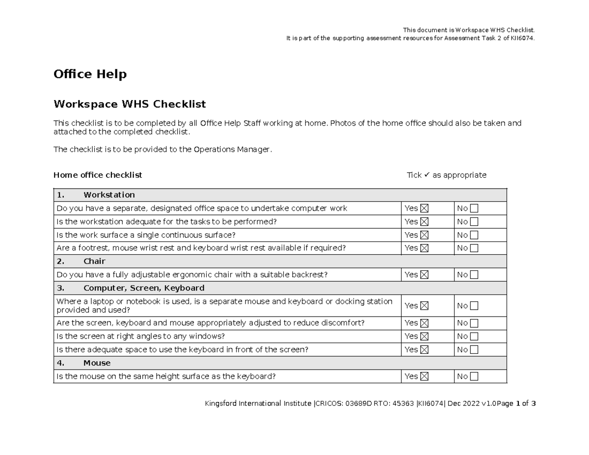 KII6074 Assessment Task 2: Workspace WHS Checklist for Home Office ...