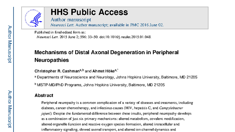 Mechanisms of Distal Axonal Degeneration in Peripheral Neuropathies ...