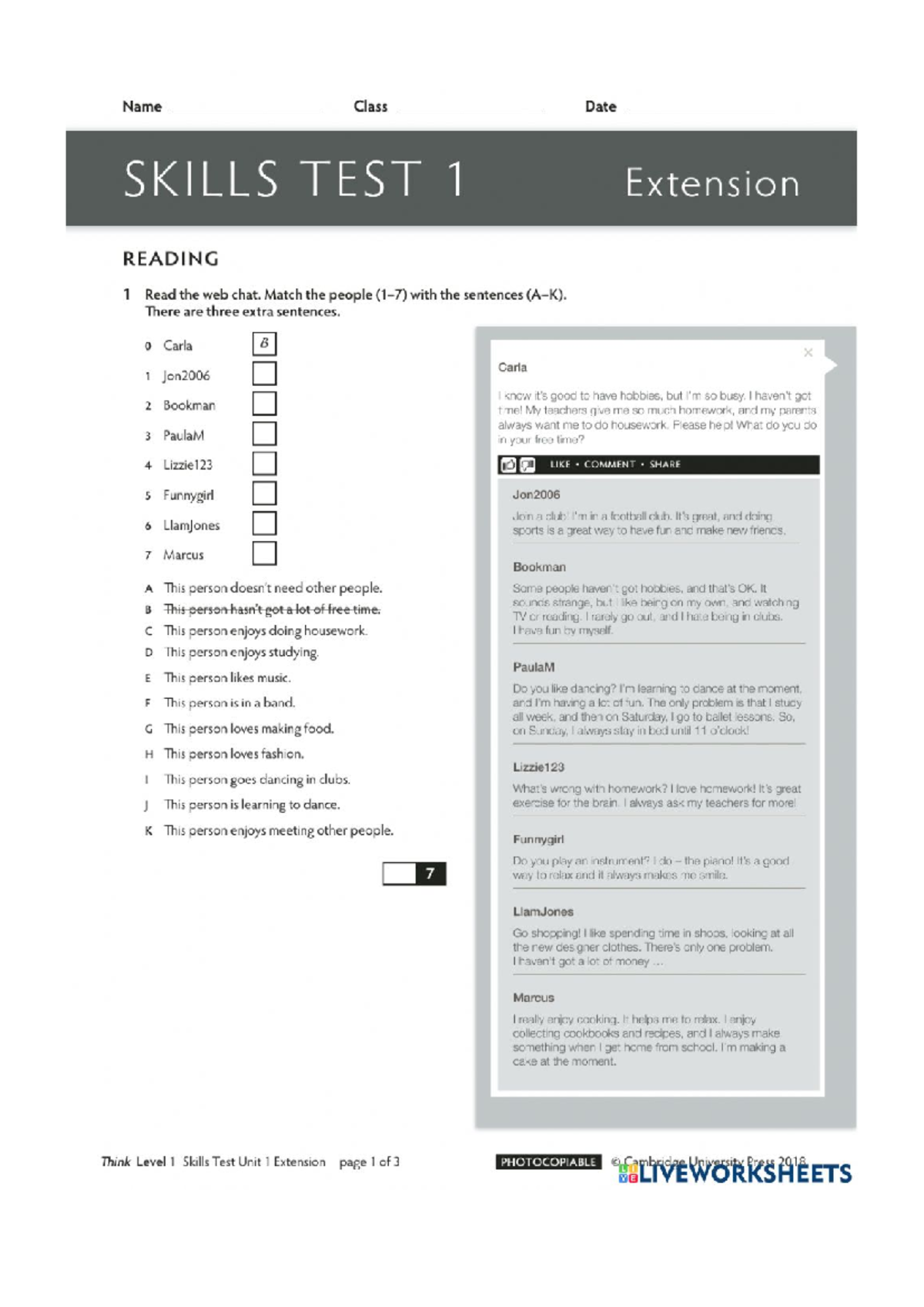 SKILLS TEST 1 Extension: Web Chat Reading Exercise (Worksheet 2462364 ...