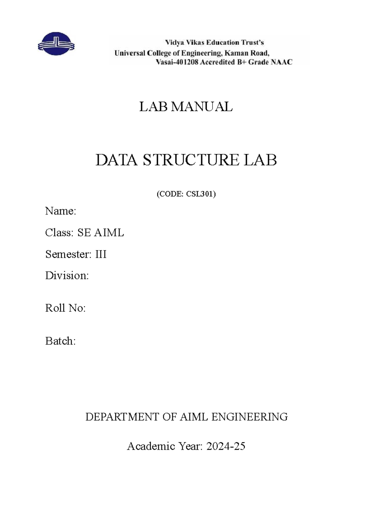 CSL301 Data Structure Lab Manual: Objectives & Outcomes - Studocu