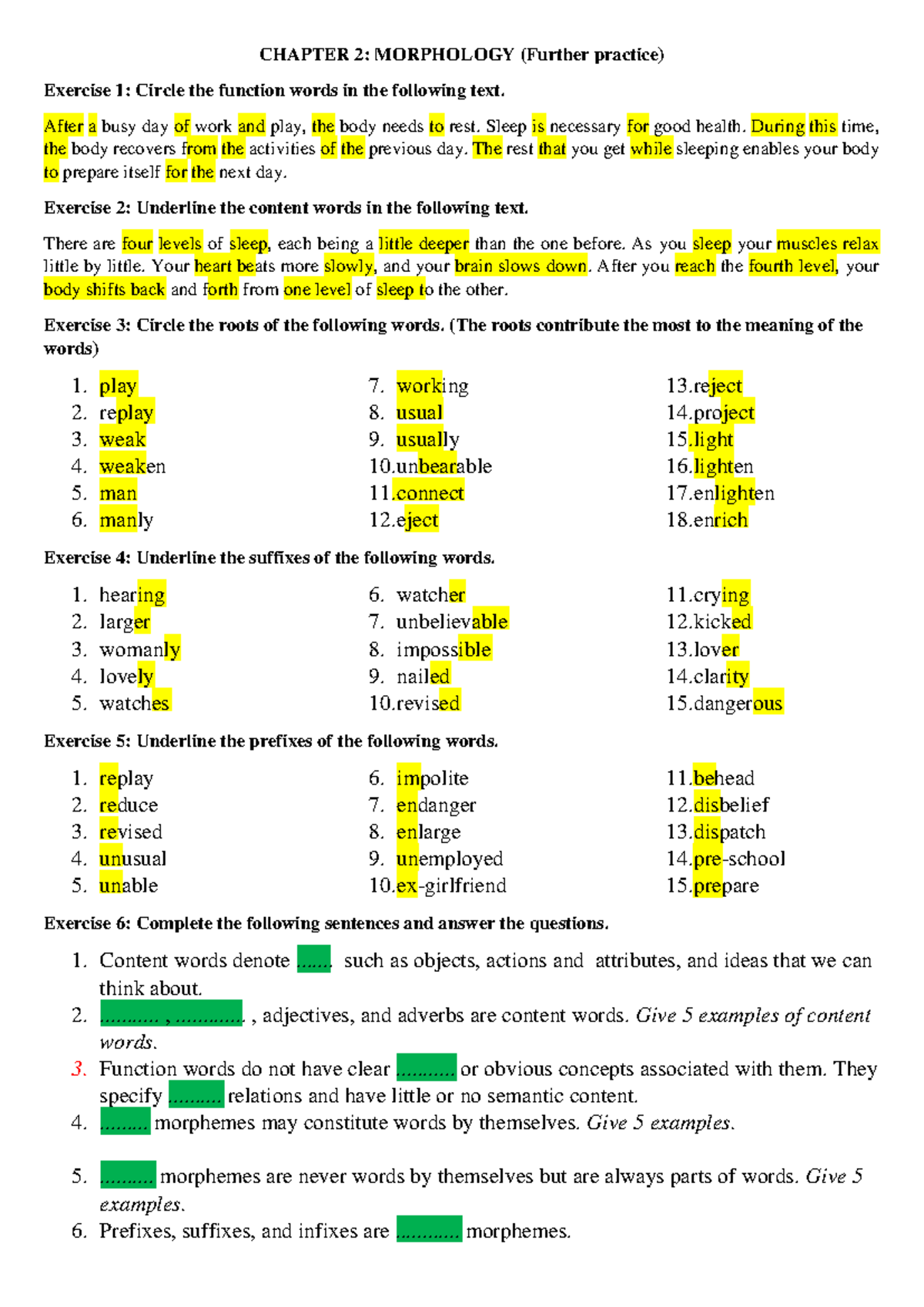 CHAPTER 2: MORPHOLOGY (Further Practice Exercises) - Studocu