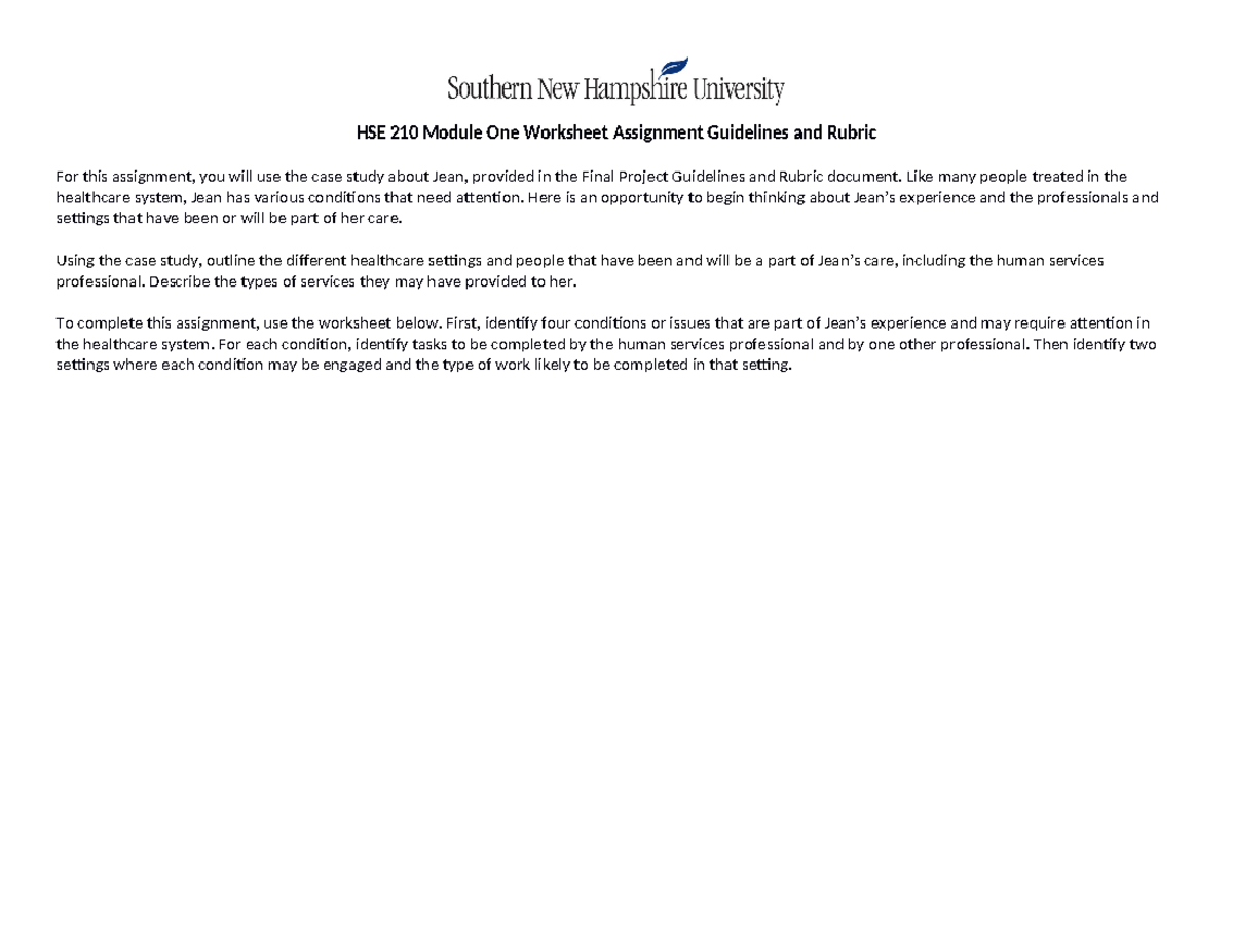Week 1 - n/a - HSE 210 Module One Worksheet Assignment Guidelines and ...