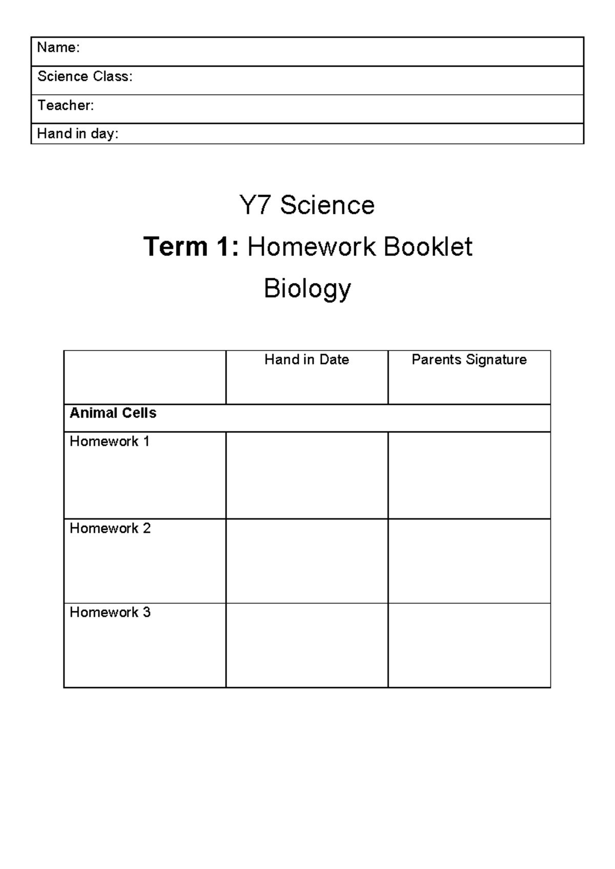 Y7 Biology Term 1: Homework on Animal Cells and Microscopy - Studocu