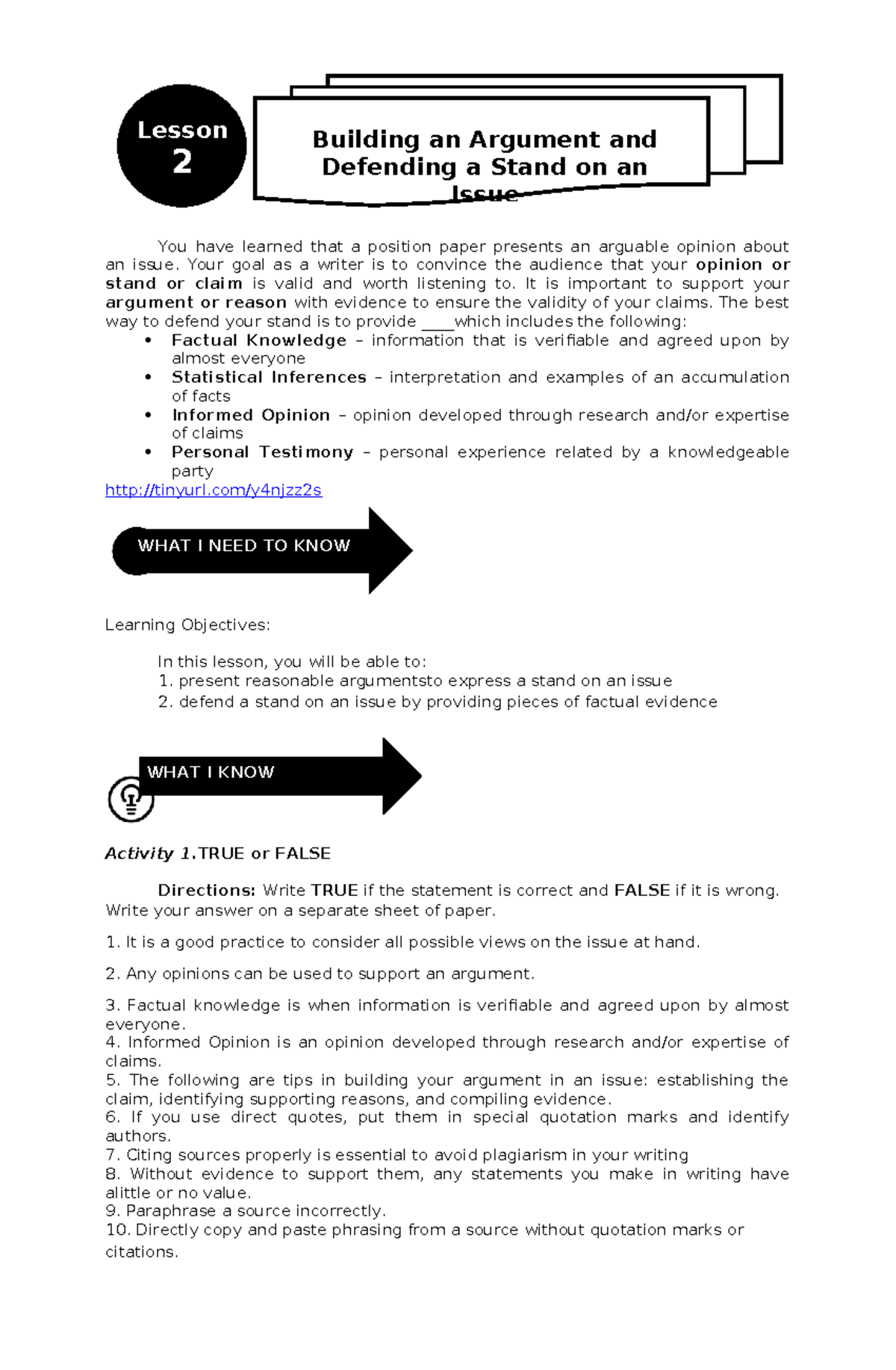 SHS EAPP Q2 Module: Lesson 2 - Building and Defending Arguments - Studocu