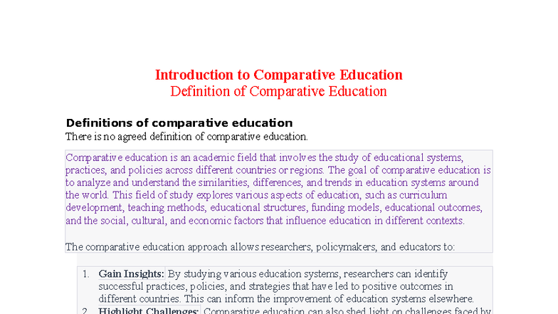 Comparative Education: Key Concepts and Historical Development Notes ...