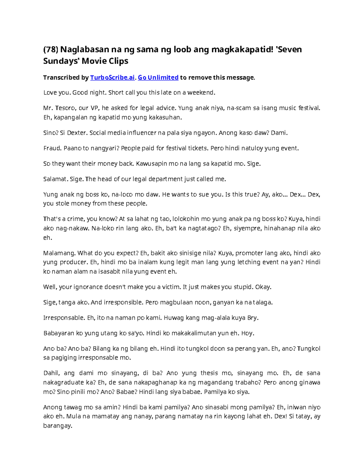 (78) Seven Sundays Scene Analysis and Transcription Notes - Studocu