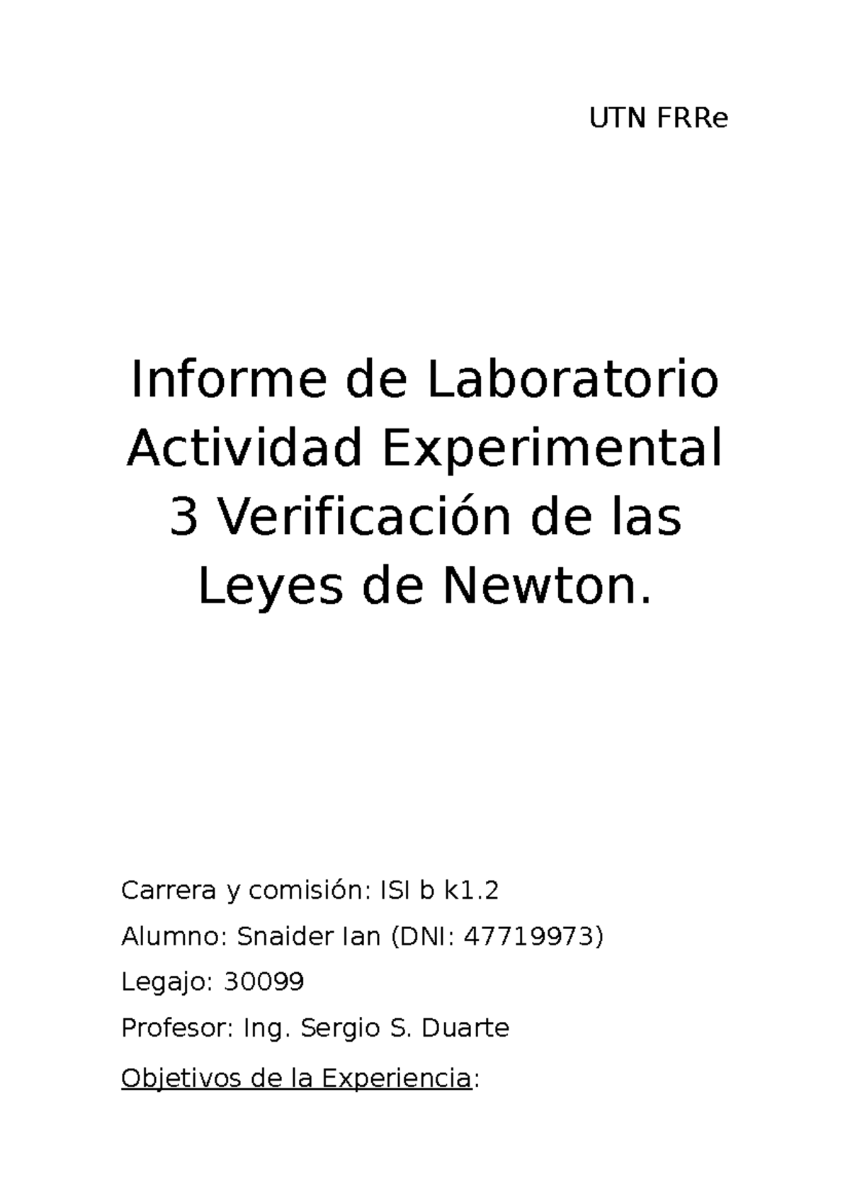 UTN FRRe Informe de Laboratorio Actividad Experimental 3: Verificación ...