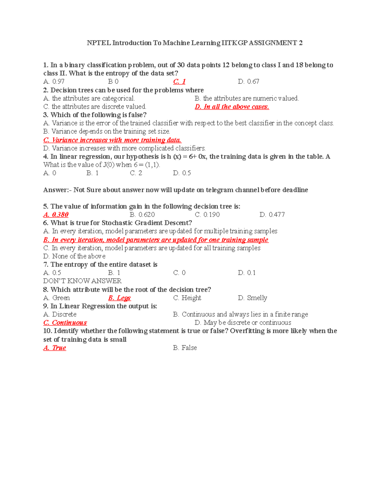 Ml4 Assignment Nptel Introduction To Machine Learning Iitkgp Assignment 2 1 In A Binary