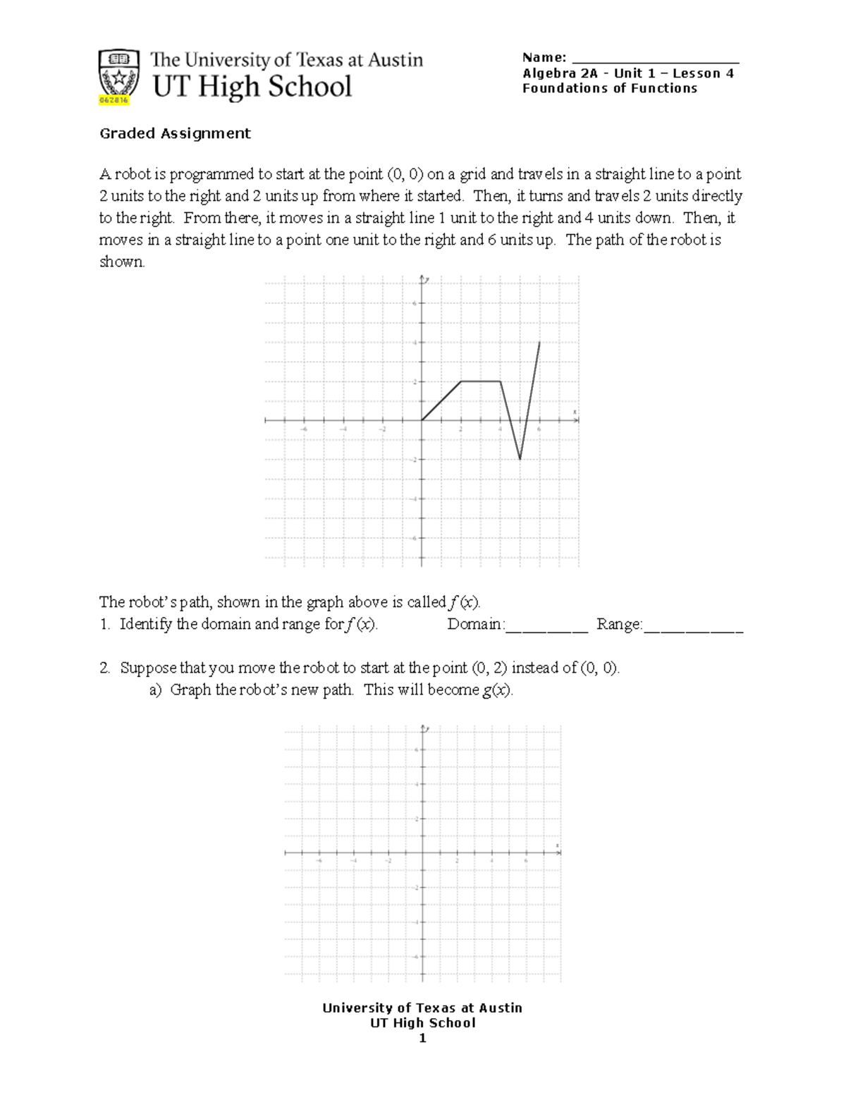 Algebra 2A U01 L04 Graded Assignment: Foundations of Functions - Studocu