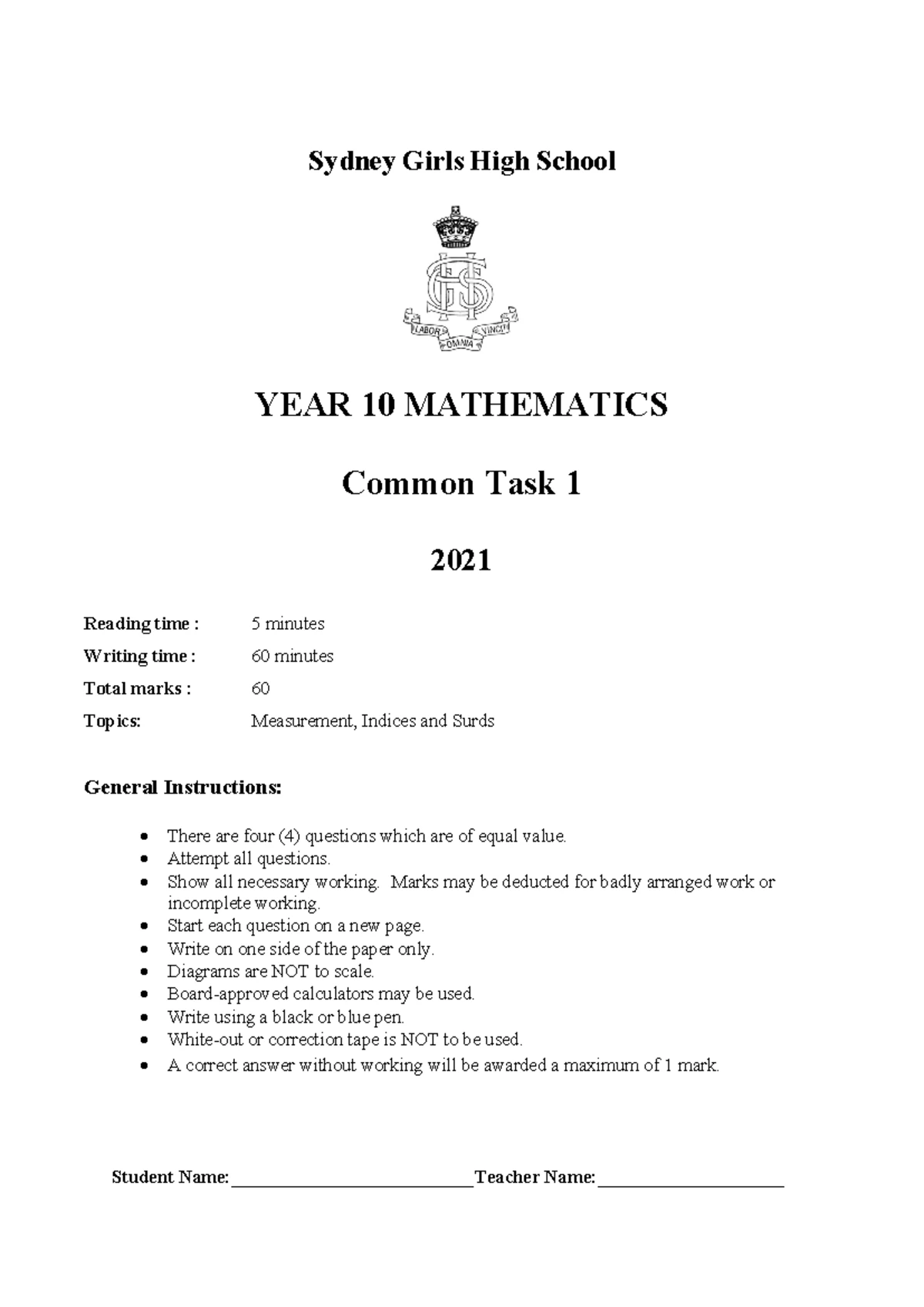2021 Year 10 Task 1 Indices Measurement And Surds Practice Exam Sydney Girls High School
