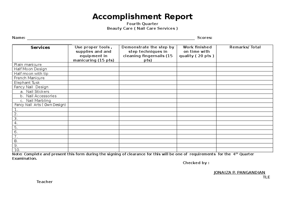 TLE 9 Final Accomplishment Report for Beauty Care Services - Studocu