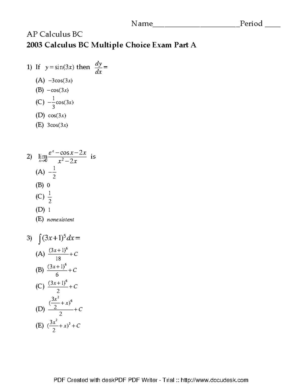 AP Calculus BC 2003 Practice Exam - Multiple Choice Questions - Studocu