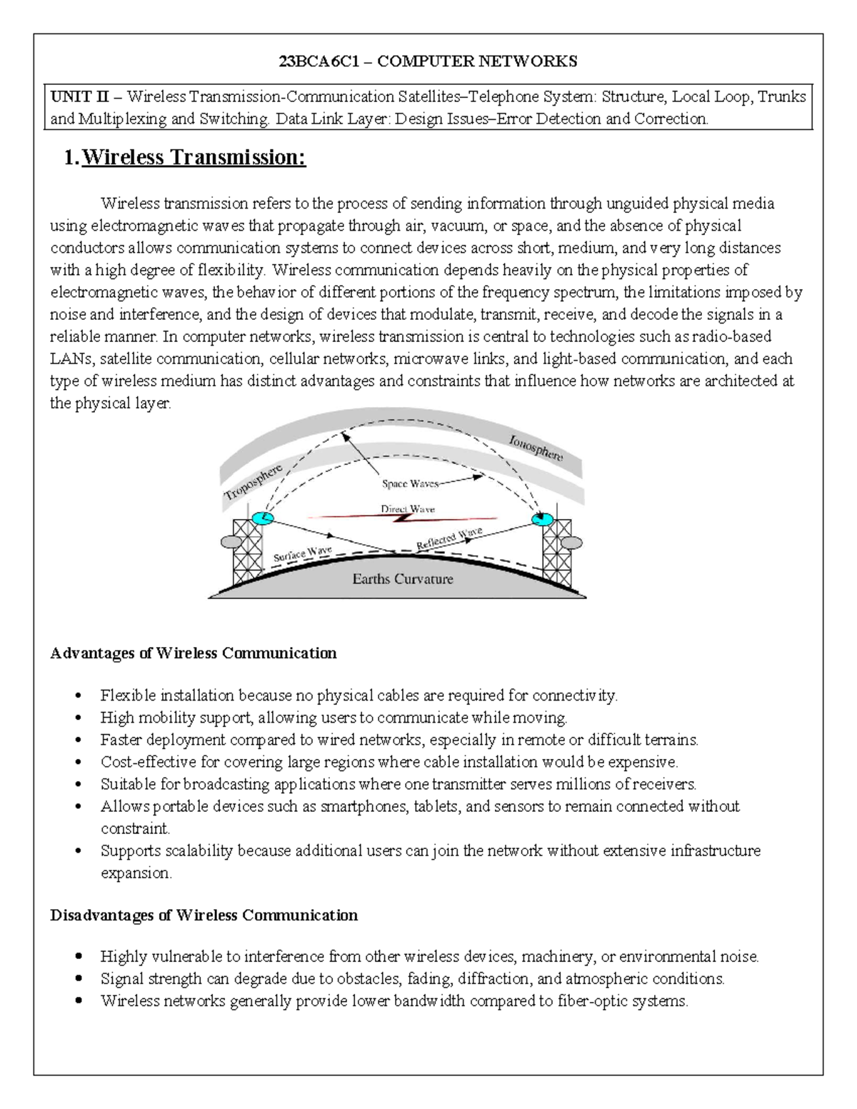 23BCA6C1 COMPUTER NETWORKS UNIT II: Wireless Systems & Data Link Layer ...