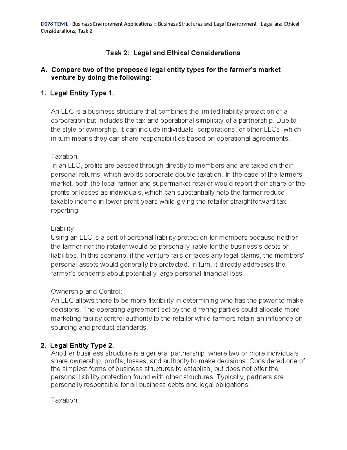D078 TEM1 Business Environment: Legal & Ethical Considerations Task 2 ...
