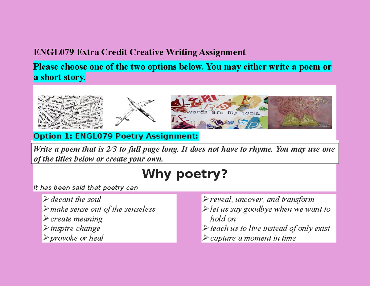 ENGL079 Extra Credit Creative Writing Assignment - You may either write ...