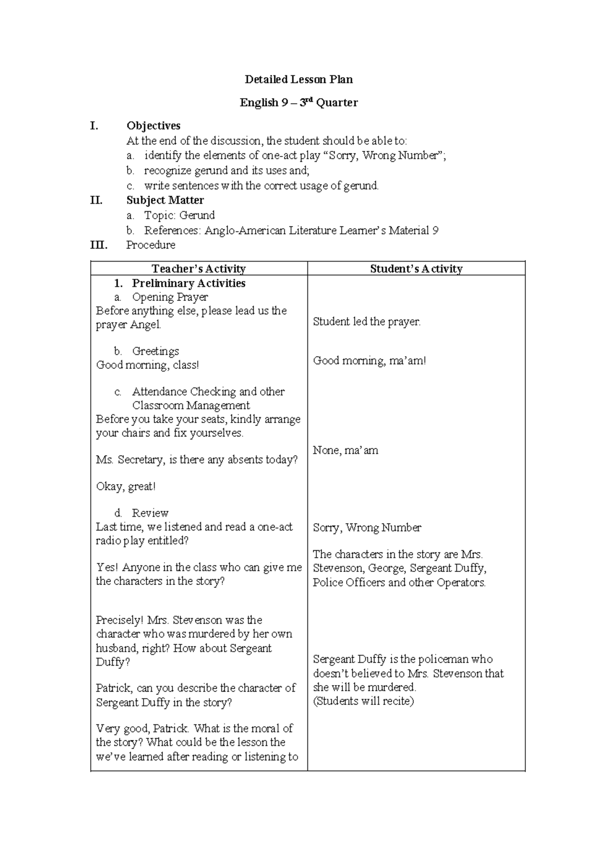 Gerund Lesson Plan (DLP) for English 9 - 3rd Quarter Exam - Studocu