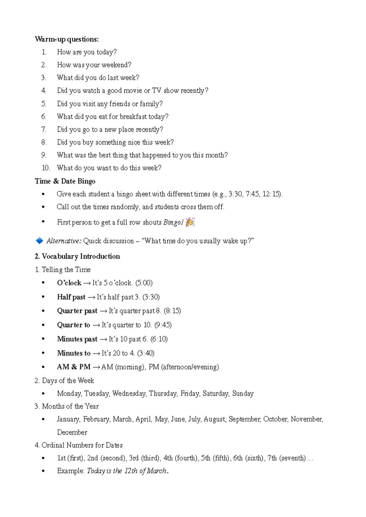 Time-Telling & Date Conversations: Vocabulary & Activities (ENG101 ...